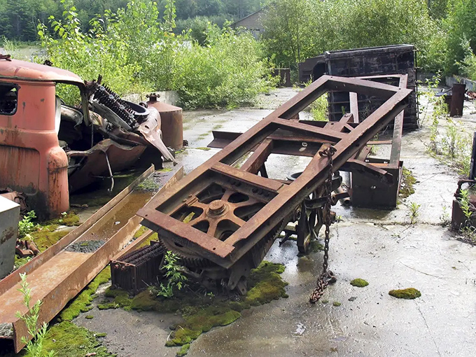 Rusted equipment and concrete foundations sit frozen in time, slowly being reclaimed by nature in a process that's both melancholic and strangely hopeful, like watching history become landscape.
