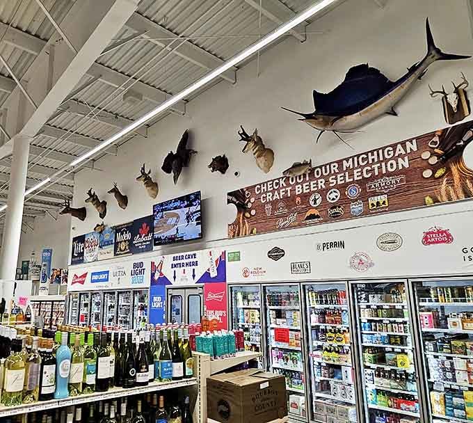 Taxidermy mounts watch over shoppers, silent reminders of Michigan's rich outdoor heritage and hunting traditions.
