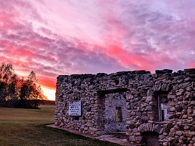 Sunset paints the stone ruins with golden light, transforming "Hotel Hell" into something almost romantic. Even ghosts appreciate good lighting.