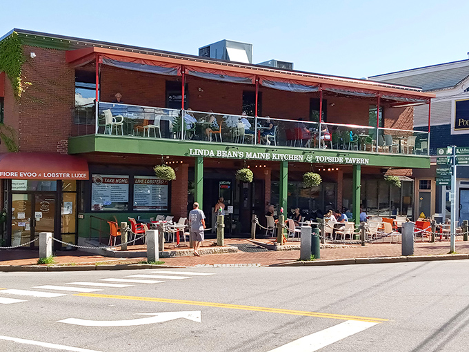 Freeport's vibrant downtown features Linda Bean's Maine Kitchen, where outdoor dining lets visitors enjoy Maine's culinary treasures in the heart of town.