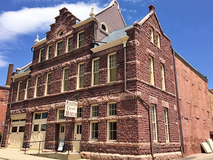 The Pipestone County Museum stands as a testament to the region's rich history, its distinctive red stone walls telling stories of the past.