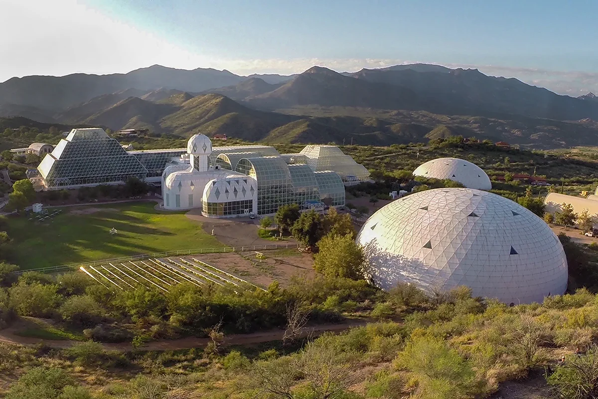Science fiction made real: Biosphere 2's striking architecture contains multiple worlds under one roof, from rainforest to desert to ocean.