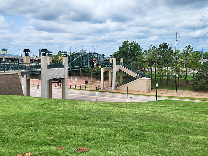 The green arched bridge offers both great city views and a tribute to the highway that helped build America's heartland.