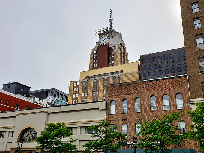 The clock tower rises above downtown Lansing, keeping time for Michigan's capital city.