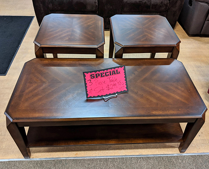 This handsome three-piece table set waits patiently for its forever home &ndash; solid craftsmanship at a price that won't break your budget.