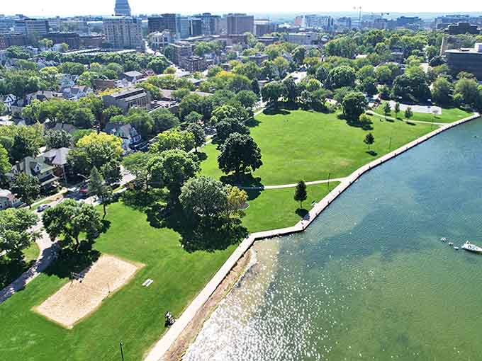 Aerial Lakeside Park From above, Madison's green spaces reveal themselves as urban oases, where city dwellers reconnect with nature without leaving town.
