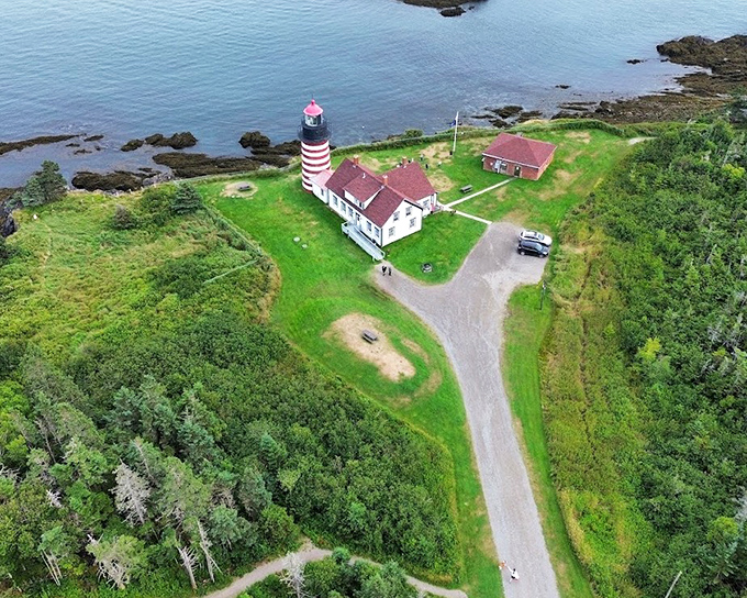 Bird's eye brilliance: An aerial view reveals how perfectly the lighthouse commands its rocky perch between forest and sea.