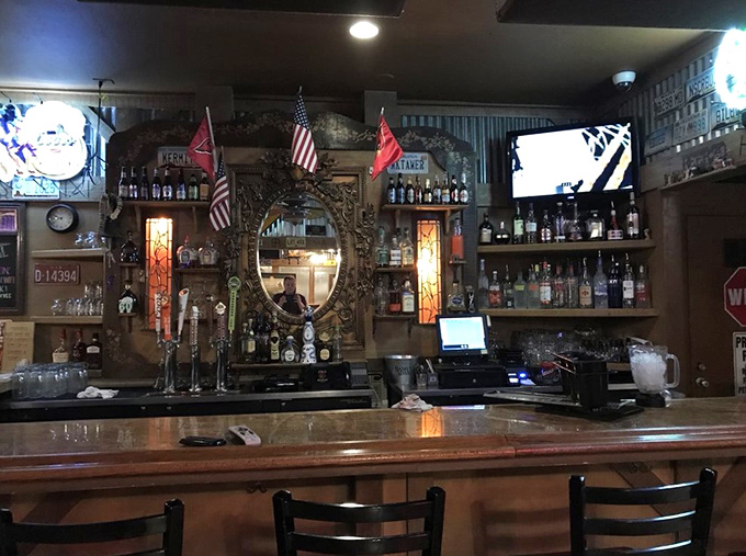 The bar at Leff-T's isn't just serving drinks&mdash;it's serving atmosphere. Those flags and vintage decor create the perfect backdrop for storytelling over cocktails.