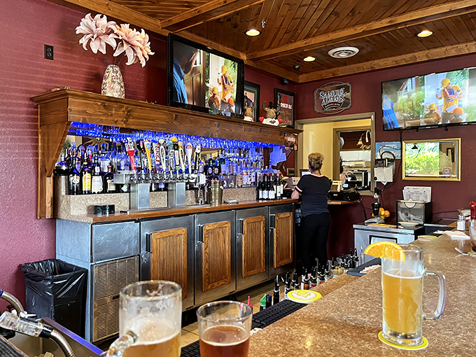 The bar area glows with amber promise &ndash; a woodland-inspired watering hole where craft beers flow and strangers become friends over shared meat appreciation.