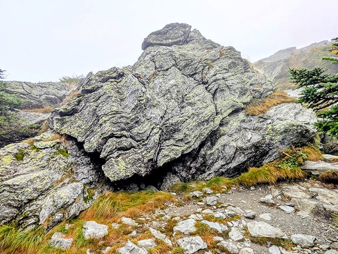 Massive boulders, sculpted by time and weather, create natural sculptures that seem placed by some ancient mountain artist.