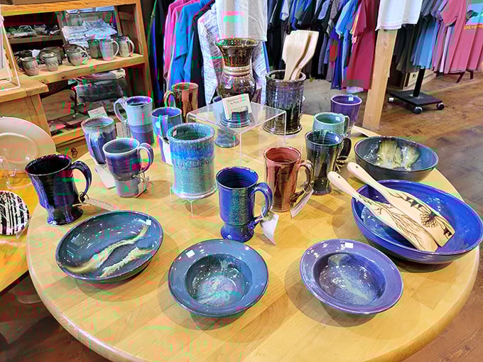 Handcrafted pottery mugs in soothing blues and purples &ndash; because your morning coffee deserves a vessel as special as Vermont's mountain views.