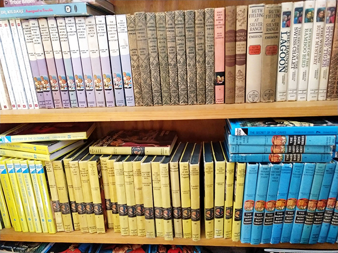Children's mysteries and adventures wait patiently on wooden shelves, promising young detectives cases to crack and worlds to save.