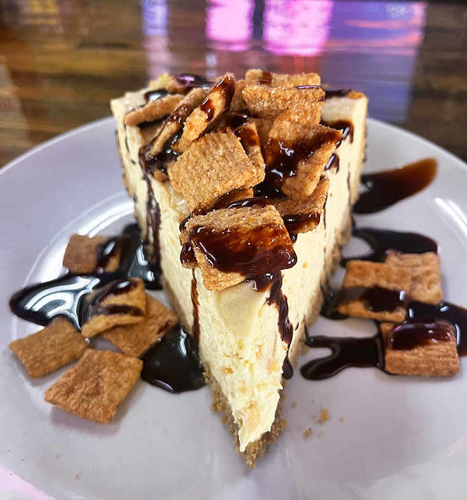 Cinnamon Toast Crunch cheesecake that transforms breakfast cereal nostalgia into sophisticated dessert territory, without losing its playful soul.