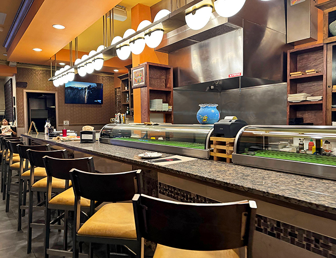 Counter seating offers a front-row view of sushi masters at work, their hands moving with hypnotic precision as they transform simple ingredients into edible art.
