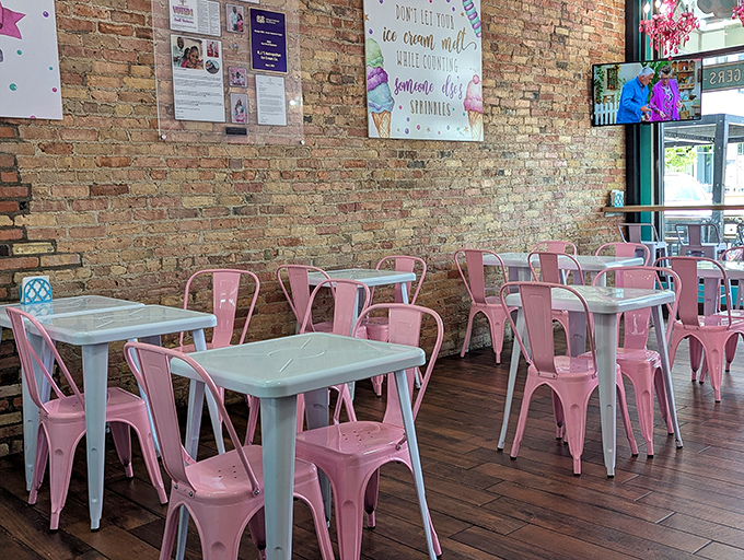Pink chairs and blue tables create a playful backdrop for serious eating &ndash; the dining area feels like stepping into a stylish friend's ice cream parlor.