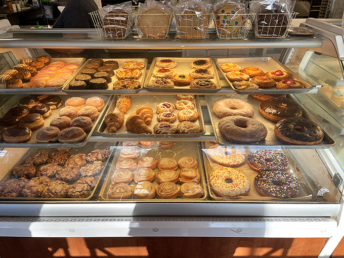 This magnificent display case stretches endlessly with trays of temptation, each shelf holding different reasons to abandon your diet and embrace pure joy.