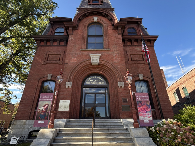 The exterior shot shows off the Romanesque Revival architecture that makes this building a National Historic Landmark, fancy plaques and all.
