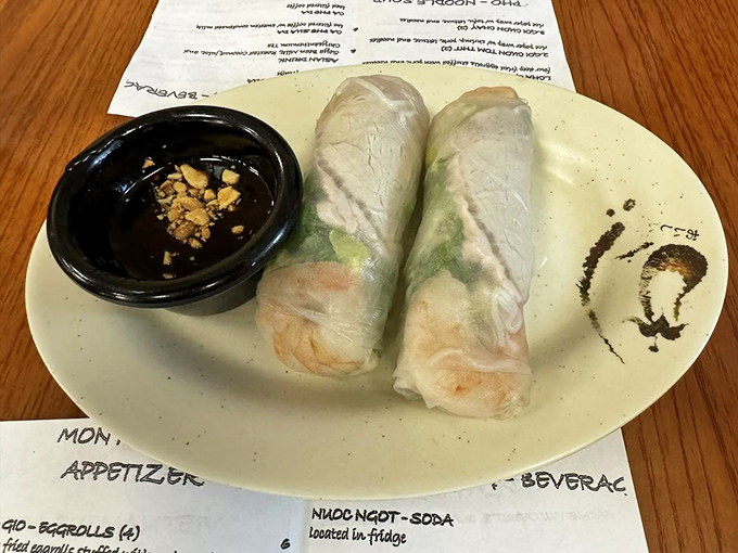 Fresh spring rolls (Goi Cuon Tom Thit) reveal their colorful contents through translucent rice paper &ndash; a healthy start to any Vietnamese feast.