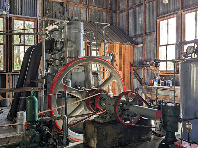 This vintage steam engine, with its magnificent red flywheel, once powered the community's progressive vision of self-reliance.