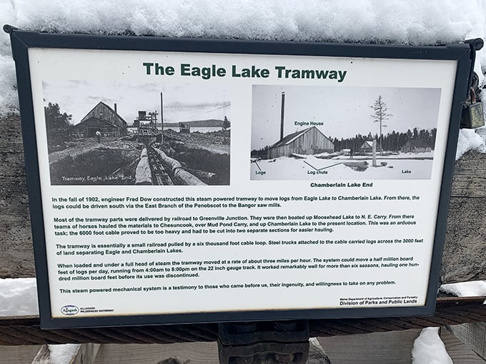 Historical marker reveals the ingenious Eagle Lake Tramway, a testament to logging-era innovation and determination.