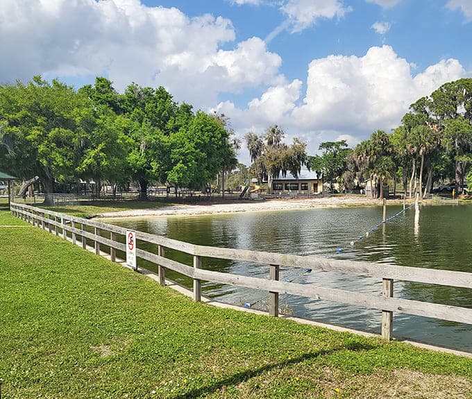 H.L. Bishop Park's peaceful waters and white fencing create the kind of scene that belongs on a postcard or puzzle box.