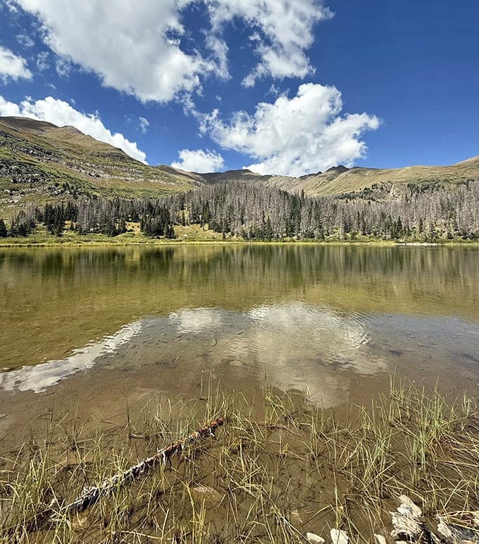 This alpine lake sits cradled in the mountains like a precious gem, its still waters reflecting the sky with mirror-like perfection.