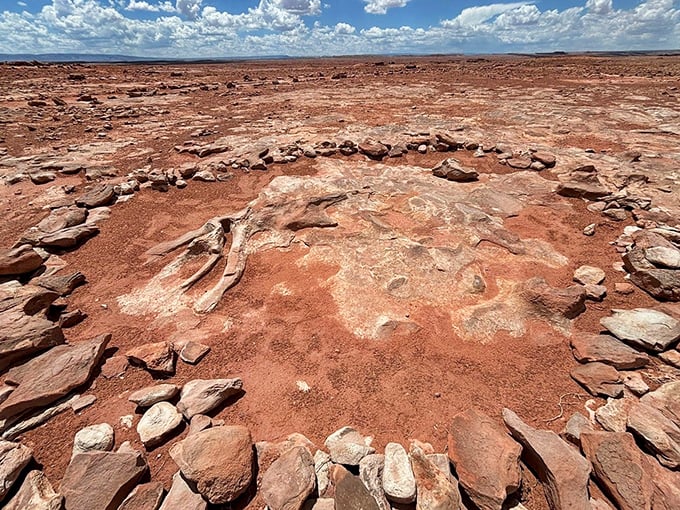 Stone circles mark significant fossil finds, guiding visitors to the clearest examples of prehistoric footprints.