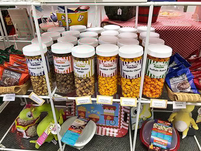 A museum of munchies awaits as perfectly aligned containers showcase popcorn varieties that would make Orville Redenbacher weep with joy.