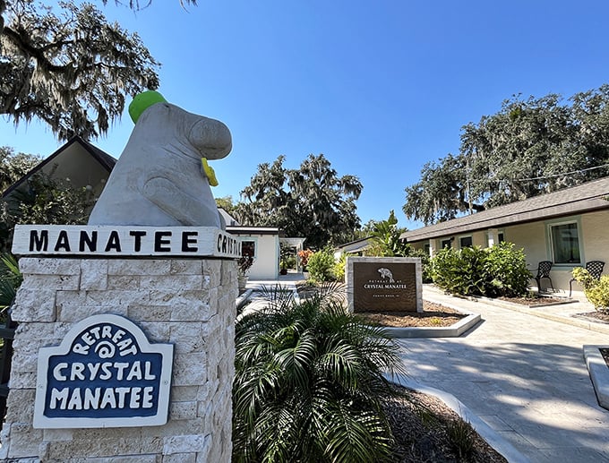 The Retreat at Crystal Manatee welcomes visitors with its charming entrance. This waterfront property offers convenient access to manatee viewing areas.