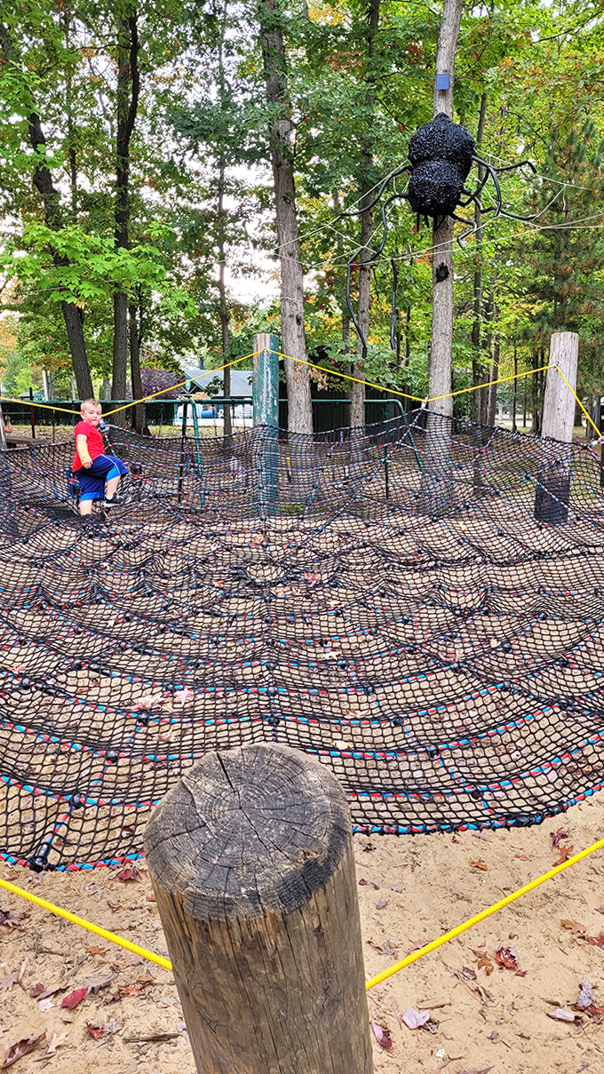 Kids conquer the giant spider web playground while parents secretly wish adult-sized versions existed for their own climbing adventures.