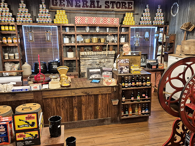 The general store's interior showcases a carefully preserved slice of Americana, where every shelf tells stories of daily life from decades past.