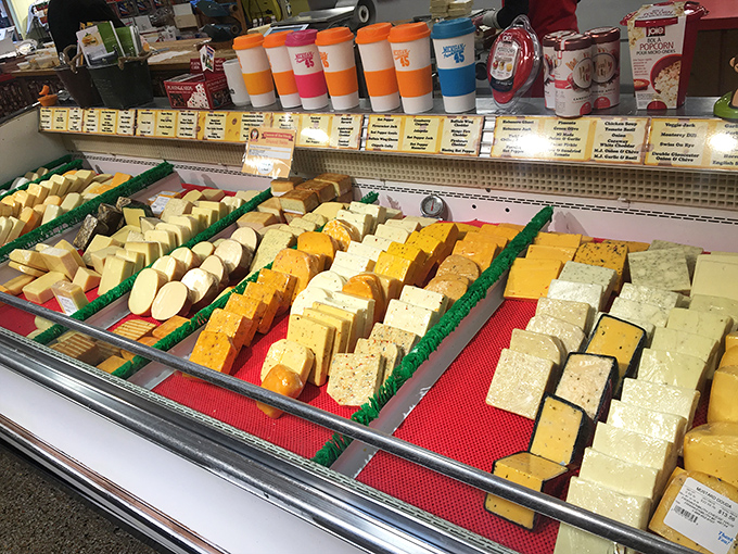 Cheese varieties in every shade of yellow and white create an edible color palette. This display case is basically an art gallery you can eat.