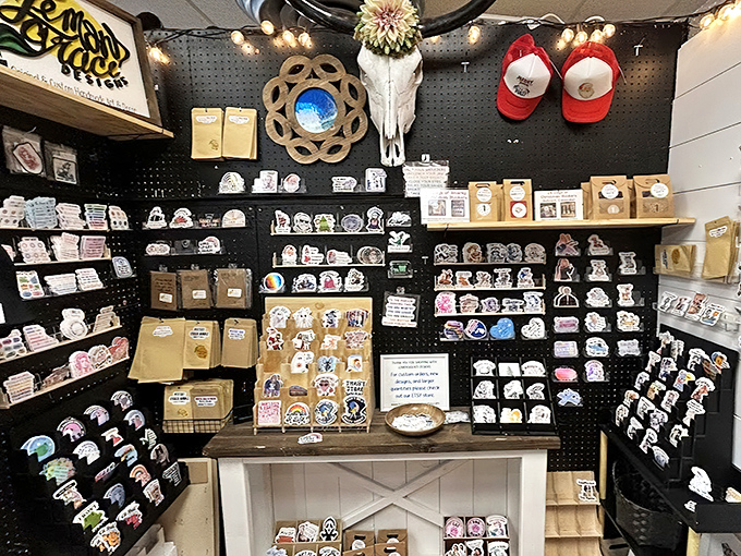 Modern artisans meet vintage vibes in this display of handcrafted goods. That skull decor says "I'm edgy, but in a tasteful, artisanal way."