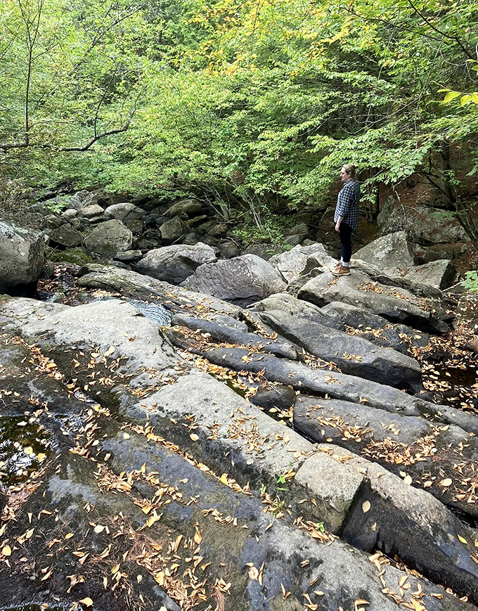 Finding your balance on nature's stepping stones &ndash; a visitor demonstrates the perfect technique for crossing Maine's rocky waterways.
