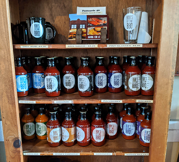 The sauce lineup &ndash; liquid gold in bottles &ndash; each one a different path to barbecue enlightenment.