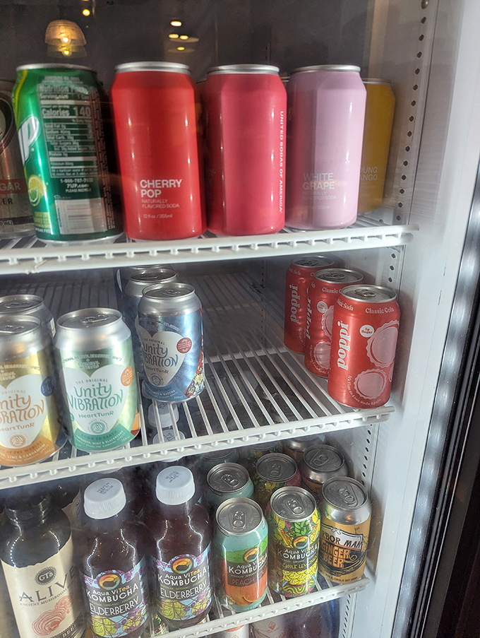 Beverage Selection: A rainbow of refreshment options lines the cooler – from craft sodas to kombucha, hydration here is never boring.