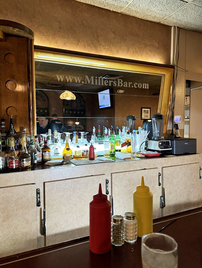 The bar setup includes the essentials. Condiments within reach and an honor system where you simply tell them what you had when finished.