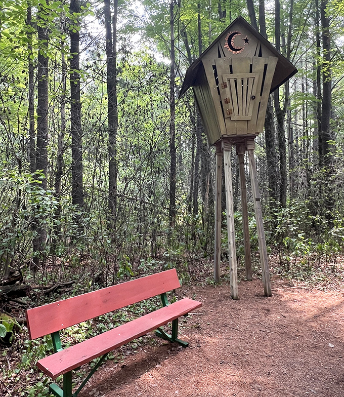 
Whimsy takes architectural form in this elevated birdhouse structure, complete with a crescent moon that winks at childhood storybook illustrations.