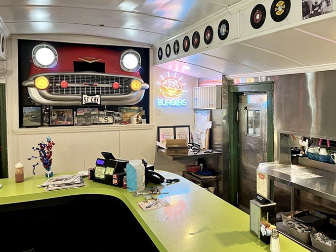 The front end of a '57 Chevy watches over diners like an automotive guardian angel of good taste.