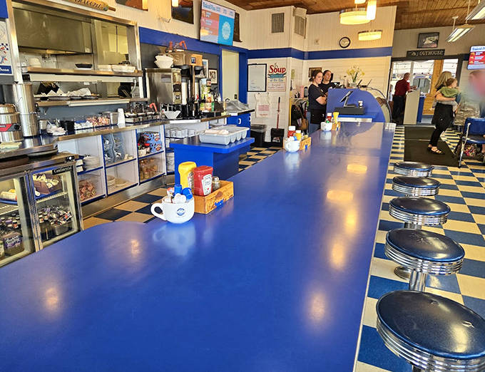Counter Blue Formica and chrome stools invite solo diners and friendly conversation &ndash; pie tastes better with company.