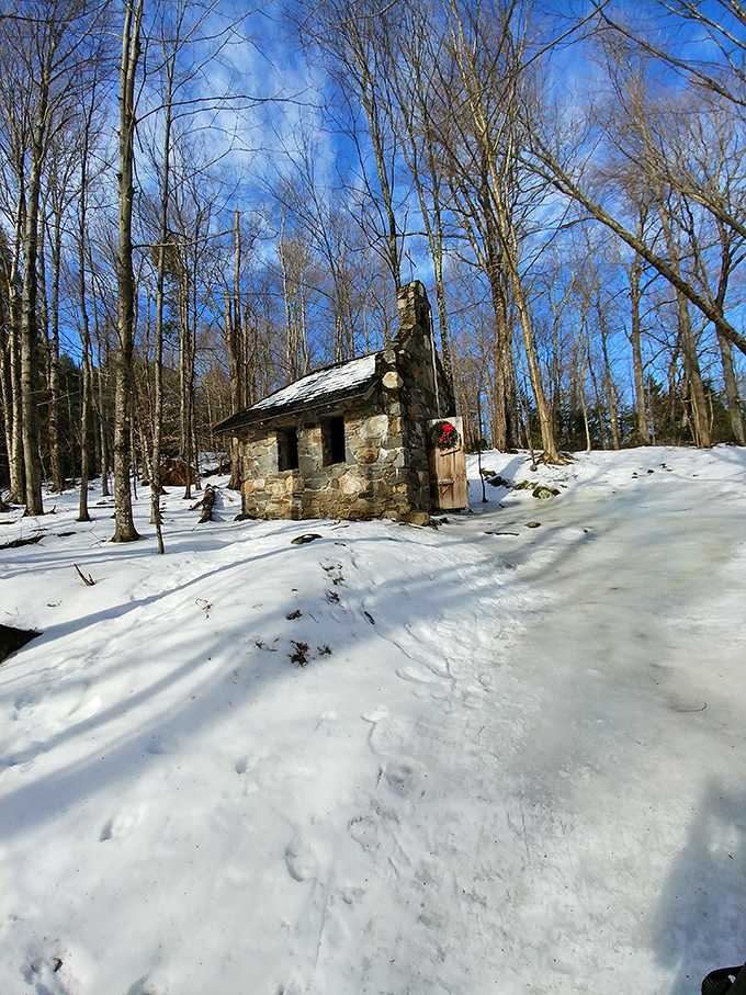 Snow-covered and serene, the chapel in winter looks like the setting for a mystery novel where everyone drinks cocoa and nobody dies.