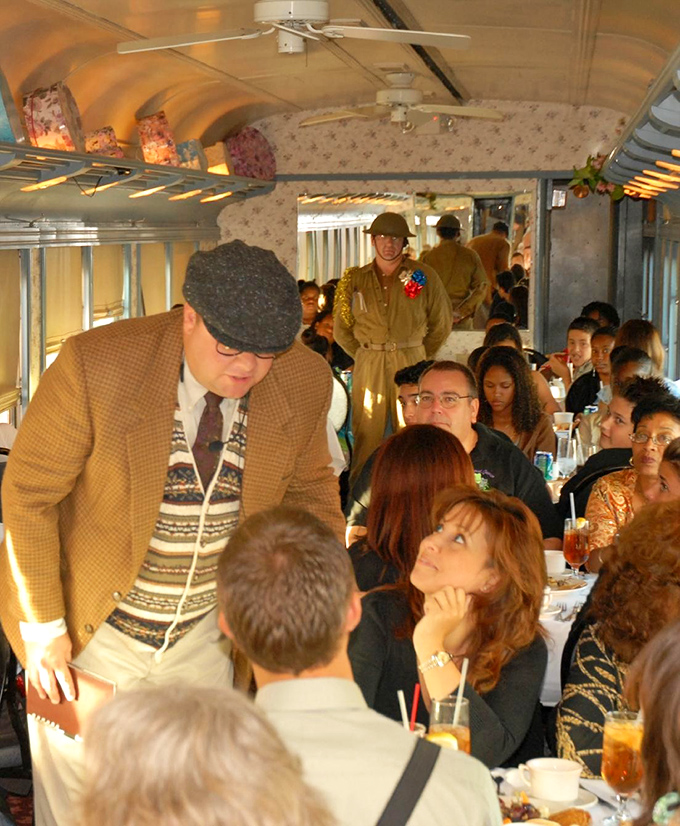 Costumed actors move through the dining car, bringing the mystery to life as guests become immersed in solving the evening's crime.