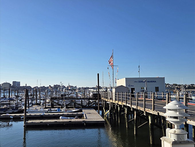 The marina view reminds you where your dinner came from. Those boats aren't just scenery &ndash; they're the hardworking first chapter of tonight's meal.