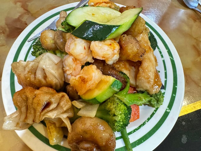 This colorful medley of shrimp, vegetables, and dumplings represents the buffet's knack for maintaining quality across diverse offerings.