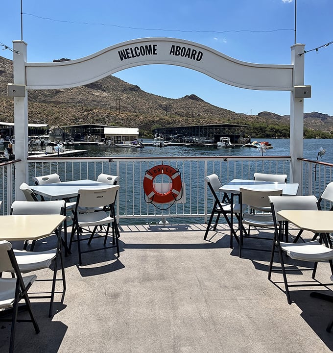 The "Welcome Aboard" sign marks the threshold between ordinary day and extraordinary experience on Canyon Lake's waters.