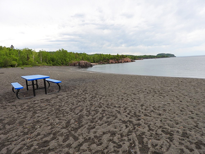 A solitary picnic table offers the perfect spot for lunch with a view that beats any restaurant patio in the state.