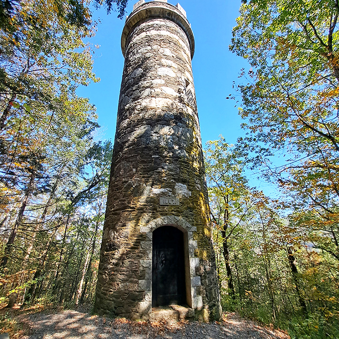 The stone Retreat Tower stands sentinel above town, rewarding climbers with panoramic views of the Connecticut River Valley and surrounding mountains.