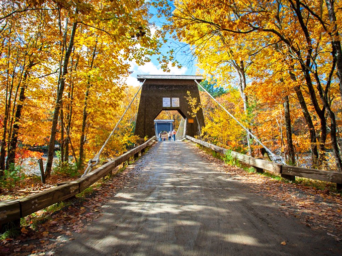Fall transforms the Wire Bridge into a calendar-worthy scene, with autumn foliage creating a fiery backdrop to the weathered structure.