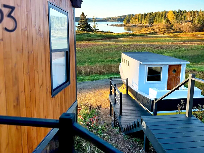 Two boats, two stories: One permanently anchored to land, the other ready to dance with the tides of Chandler Bay.