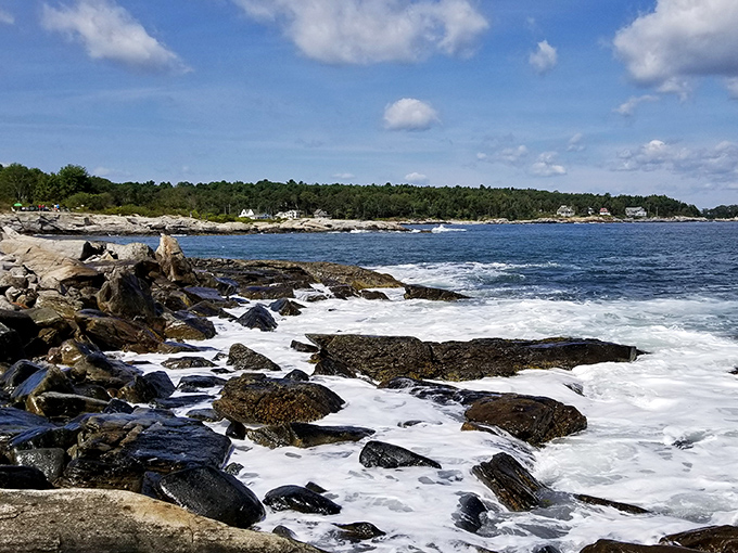 Waves crash against Maine's rocky shore, creating a hypnotic display of nature's power against the ancient granite coastline.